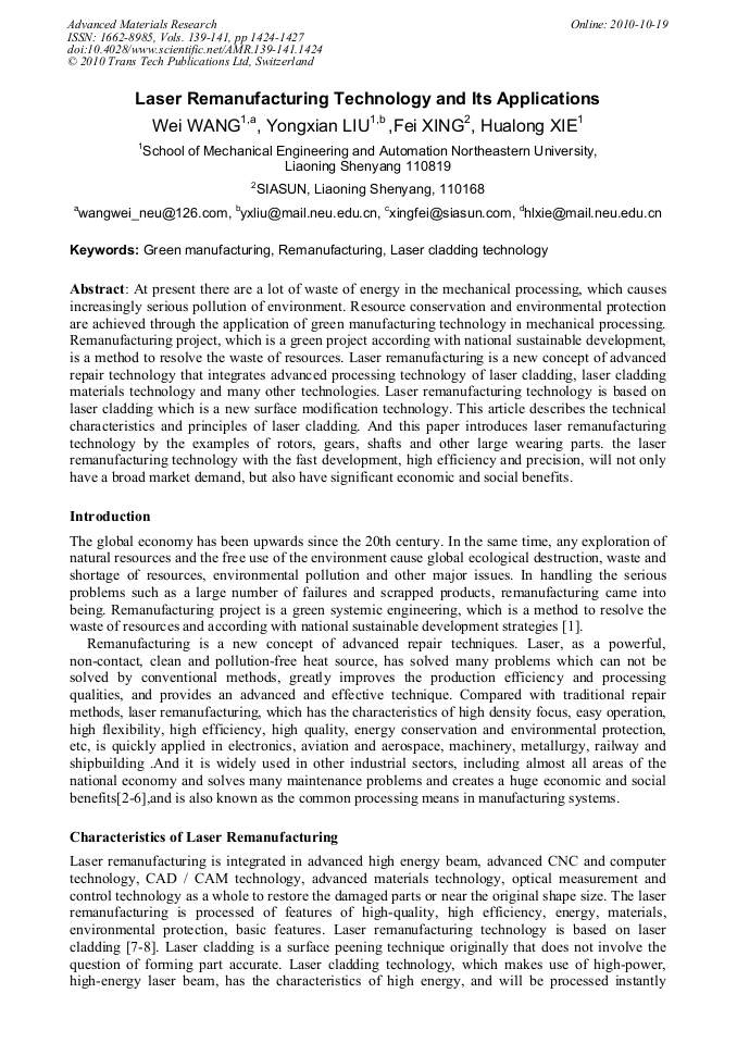 Laser Remanufacturing Technology and its Applications | Scientific.Net