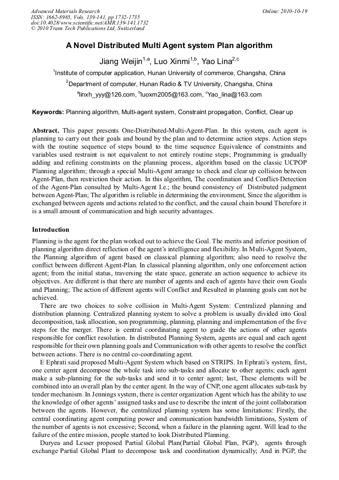 A Novel Distributed Multi Agent System Plan Algorithm | Scientific.Net