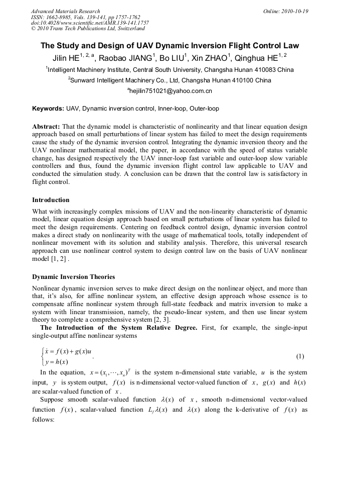 The Study and Design of UAV Dynamic Inversion Flight Control Law ...