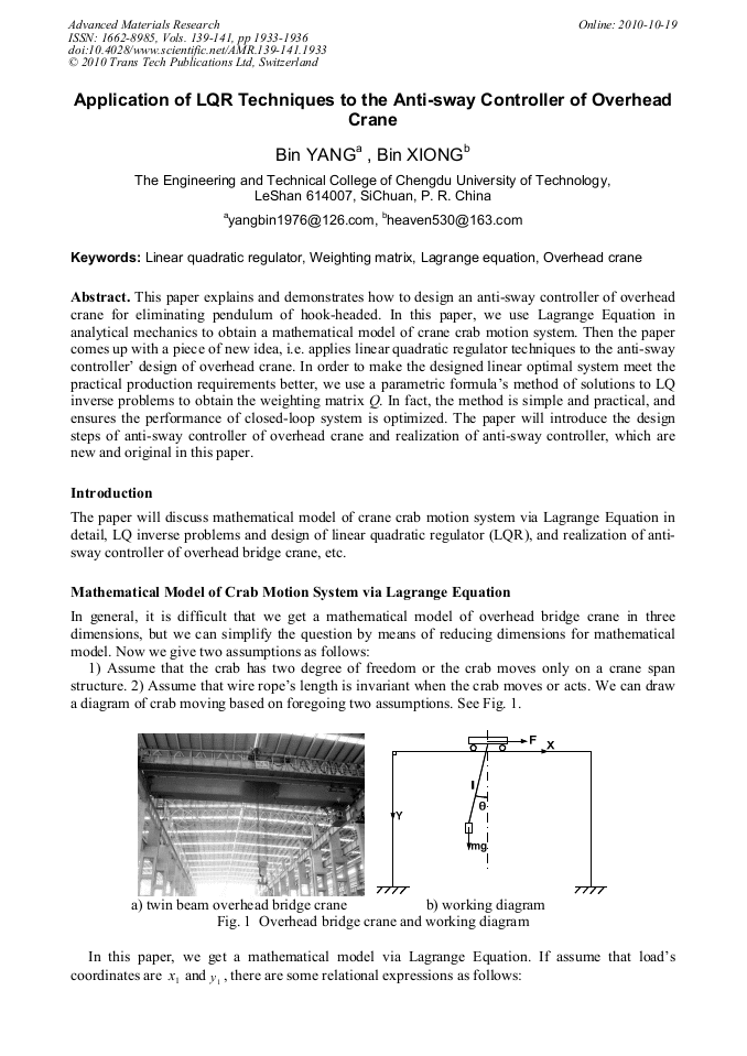 Application of LQR Techniques to the Anti-Sway Controller of Overhead ...