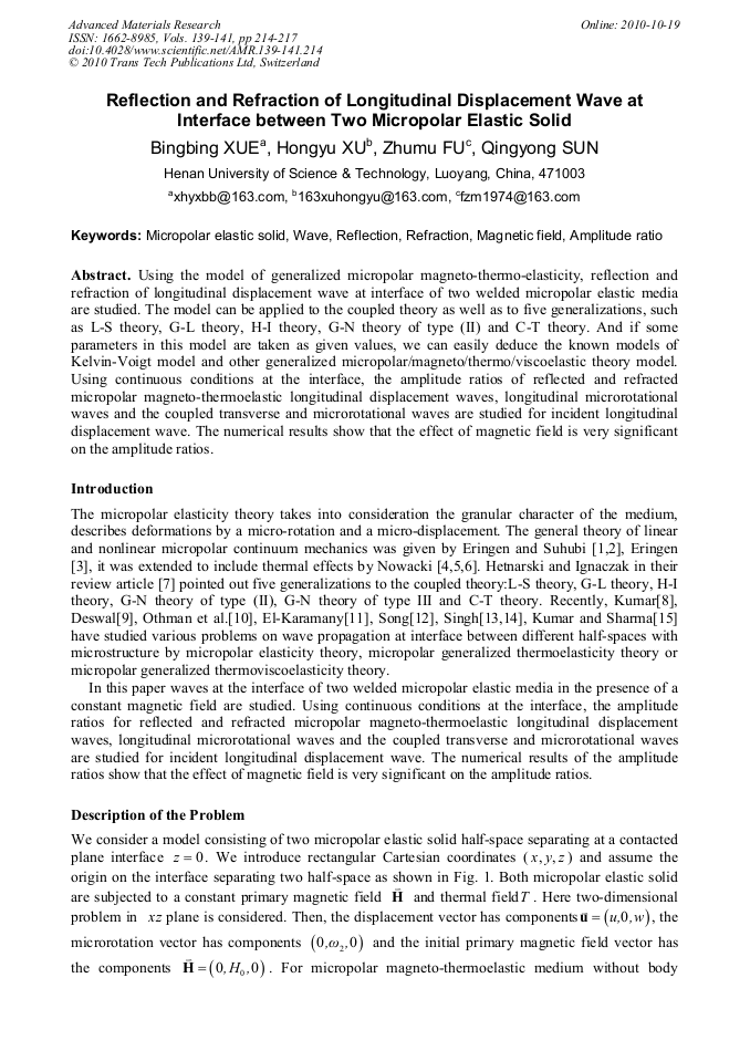 Reflection and Refraction of Longitudinal Displacement Wave at Interface between Two Micropolar ...