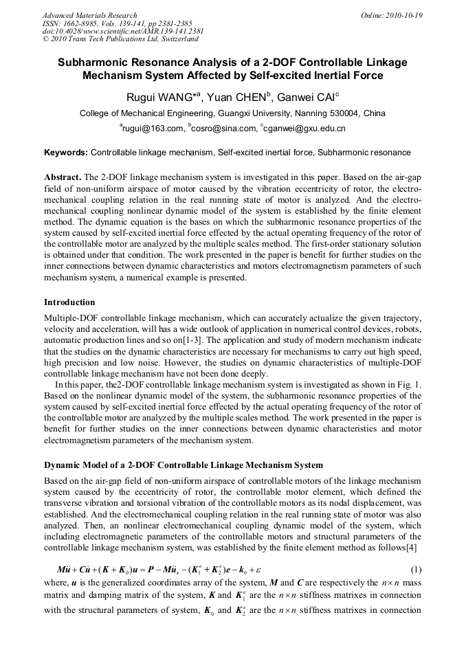 Subharmonic Resonance Analysis of a 2-DOF Controllable Linkage ...