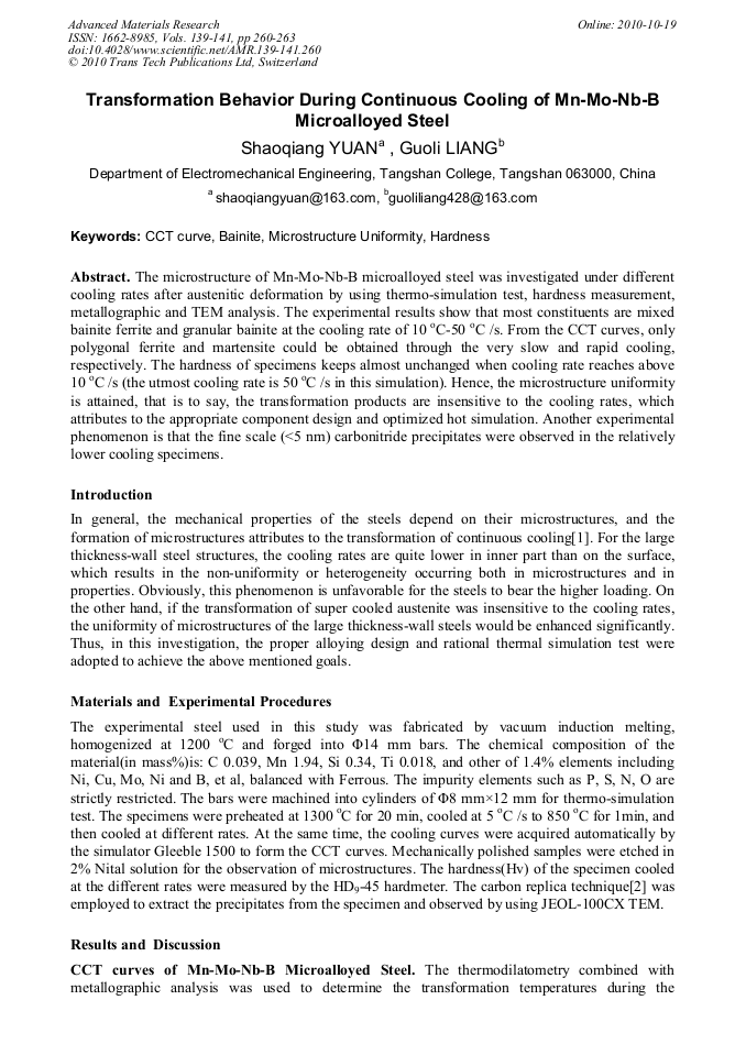 Transformation Behavior During Continuous Cooling of Mn-Mo-Nb-B Microalloyed Steel | Scientific.Net