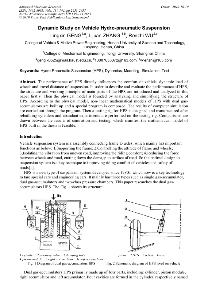 Dynamic Study on Vehicle Hydro-Pneumatic Suspension | Scientific.Net
