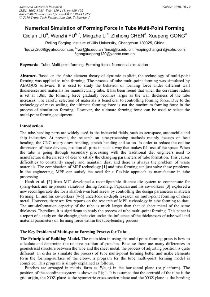 Numerical Simulation of Forming Force in Tube Multi-Point Forming ...
