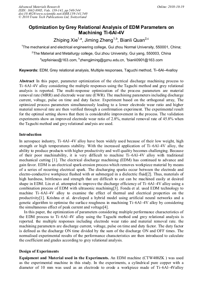 Optimization by Grey Relational Analysis of EDM Parameters on Machining Ti-6Al-4V | Scientific.Net