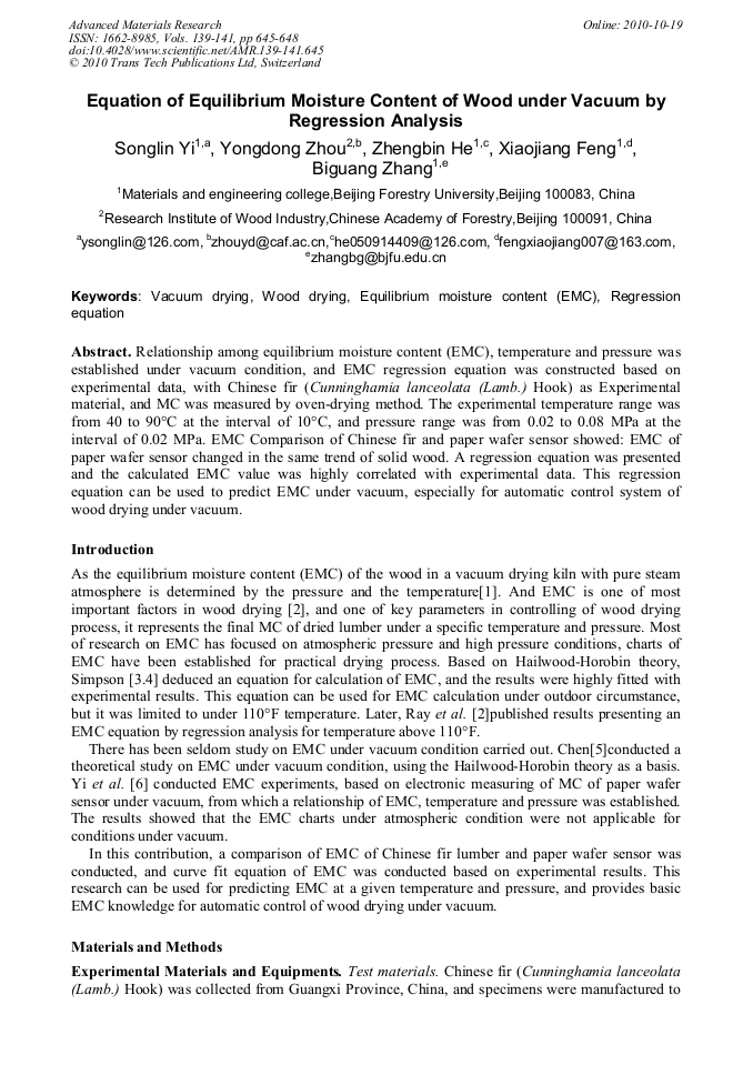 Equation of Equilibrium Moisture Content of Wood under Vacuum by ...