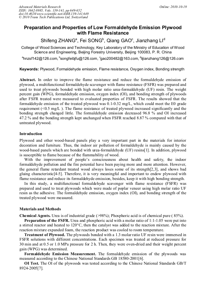 Preparation and Properties of Low Formaldehyde Emission Plywood with ...