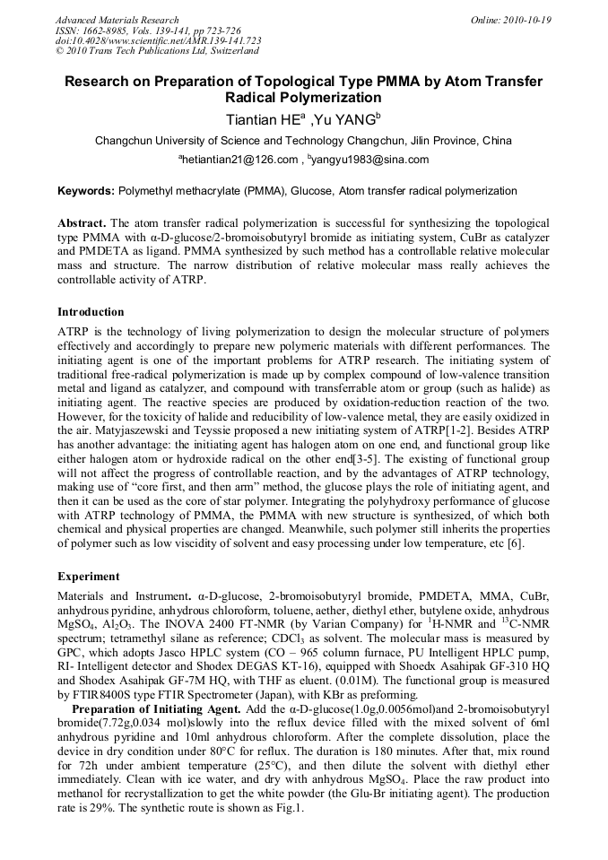 Research on Preparation of Topological Type PMMA by Atom Transfer ...