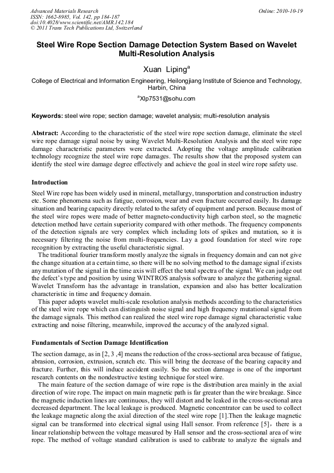 Steel Wire Rope Section Damage Detection System Based on Wavelet Multi ...