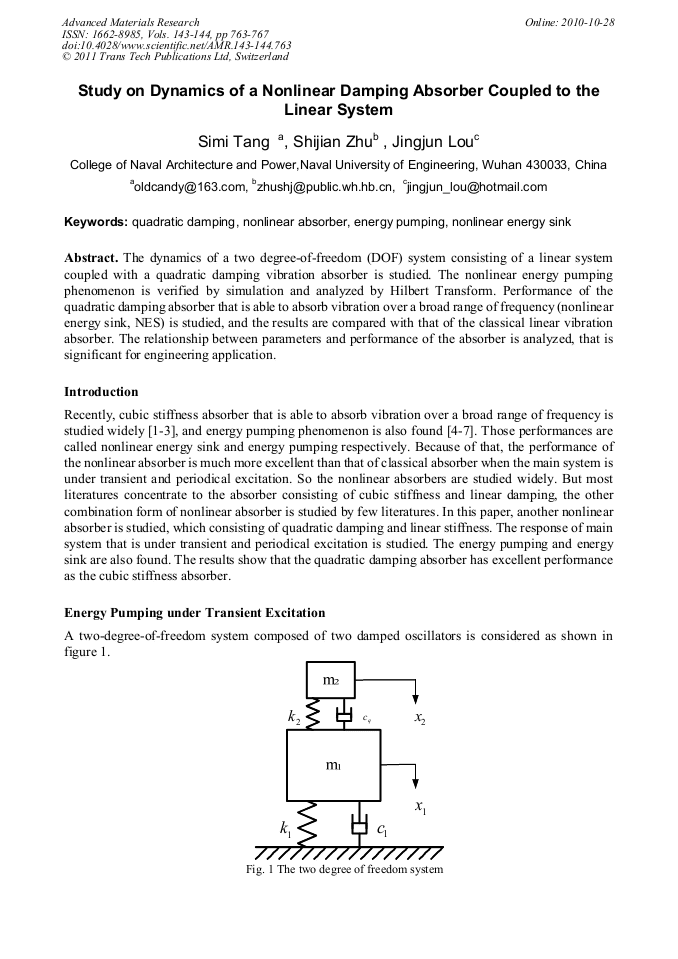 Study on Dynamics of a Nonlinear Damping Absorber Coupled to the Linear ...