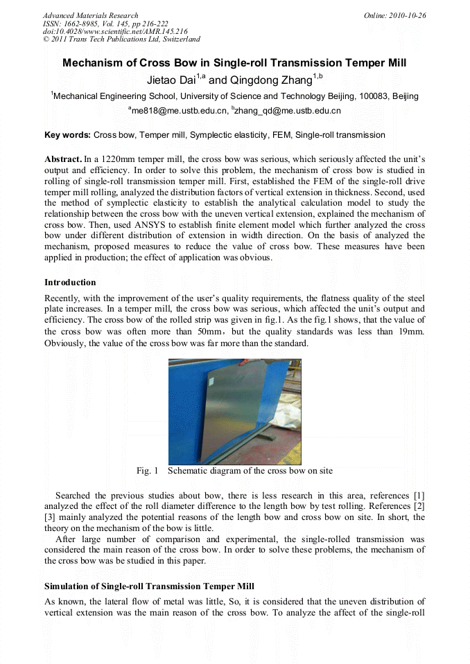 Mechanism of Cross Bow in Single-Roll Transmission Temper Mill ...