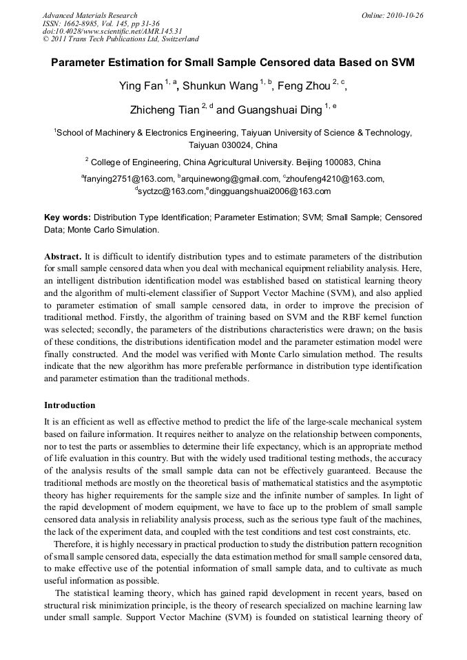 Parameter Estimation for Small Sample Censored Data Based on SVM ...