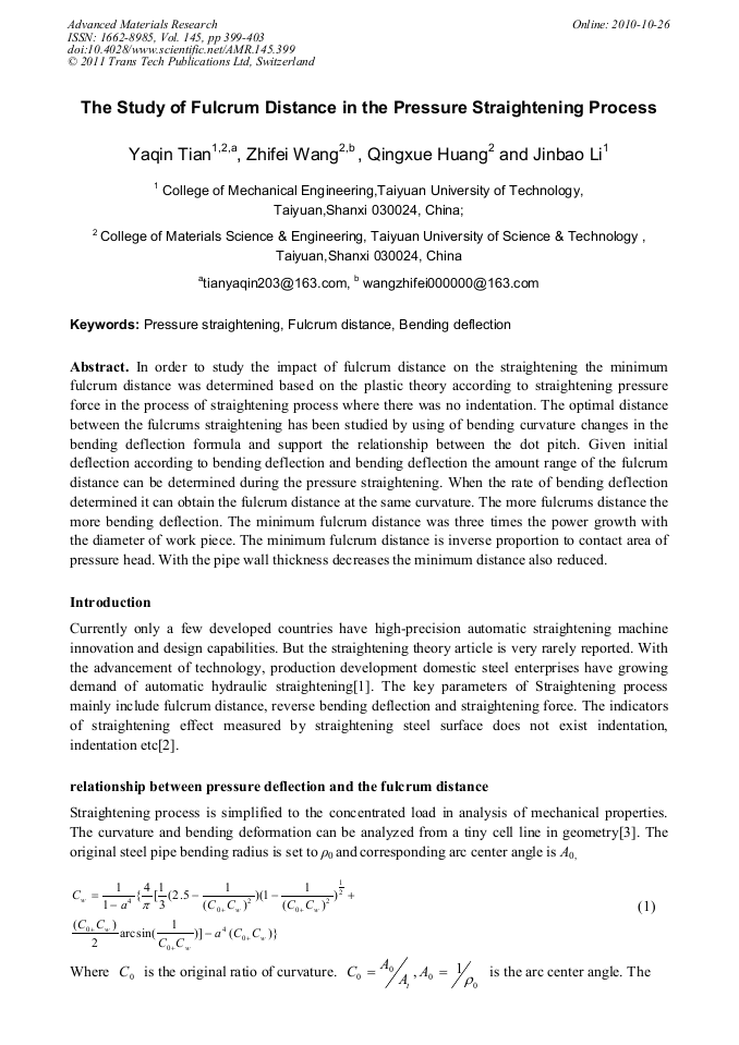 The Study of Fulcrum Distance in the Pressure Straightening Process ...
