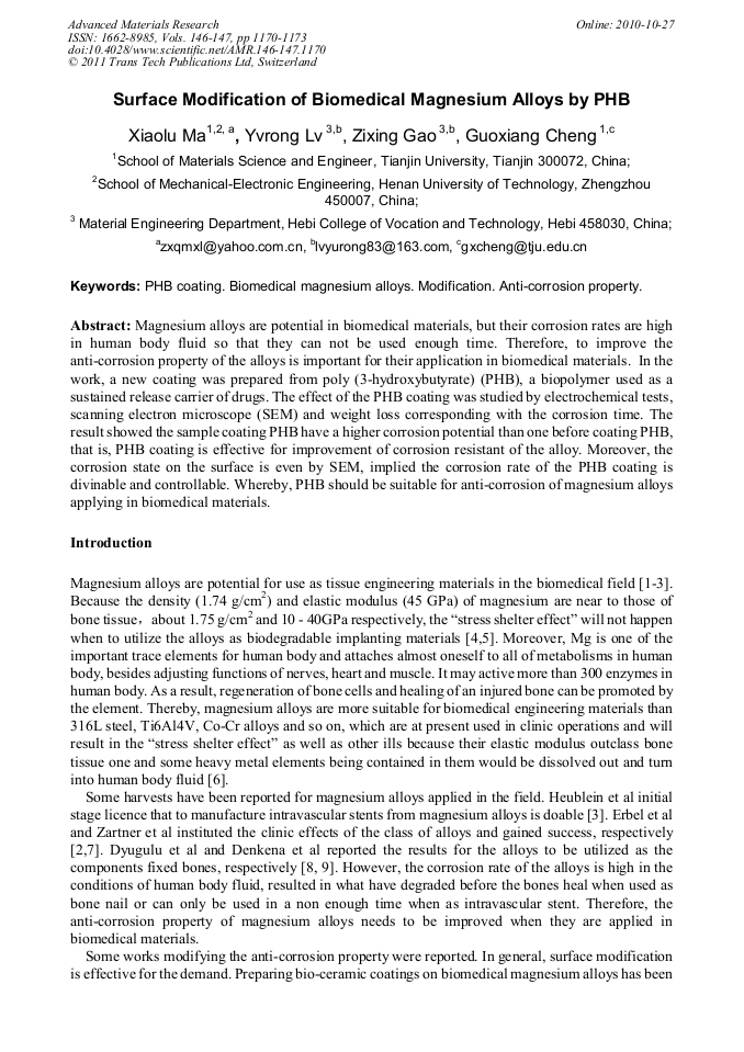Surface Modification of Biomedical Magnesium Alloys by PHB | Scientific.Net