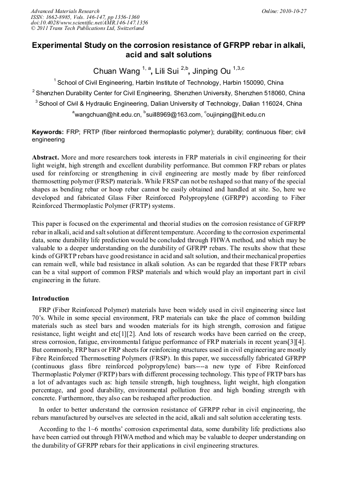 Experimental Study on the Corrosion Resistance of GFRPP Rebar in Alkali ...