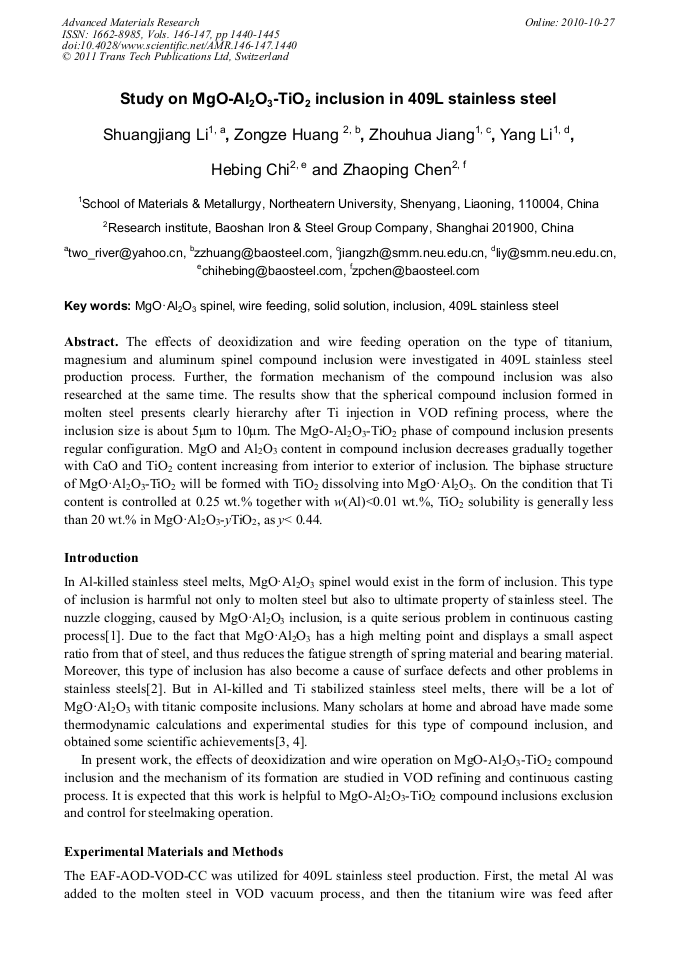 Study on MgO-Al2O3-TiO2 Inclusion in 409L Stainless Steel | Scientific.Net