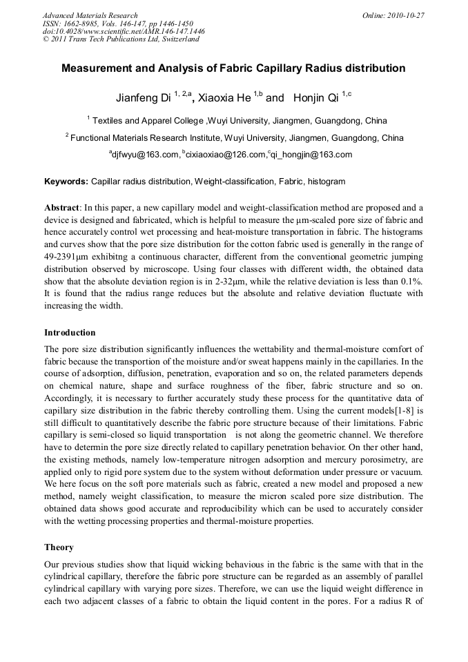 Measurement and Analysis of Fabric Capillary Radius Distribution ...