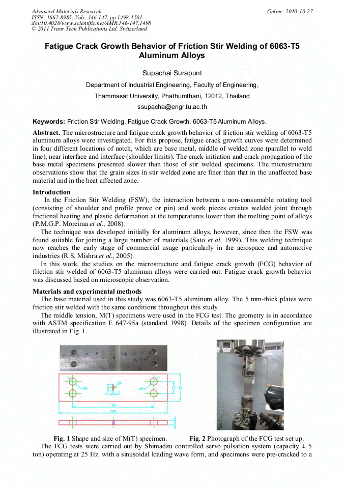Fatigue Crack Growth Behavior of Friction Stir Welding of 6063-T5 ...