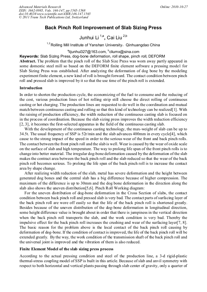 Back Pinch Roll Improvement of Slab Sizing Press | Scientific.Net