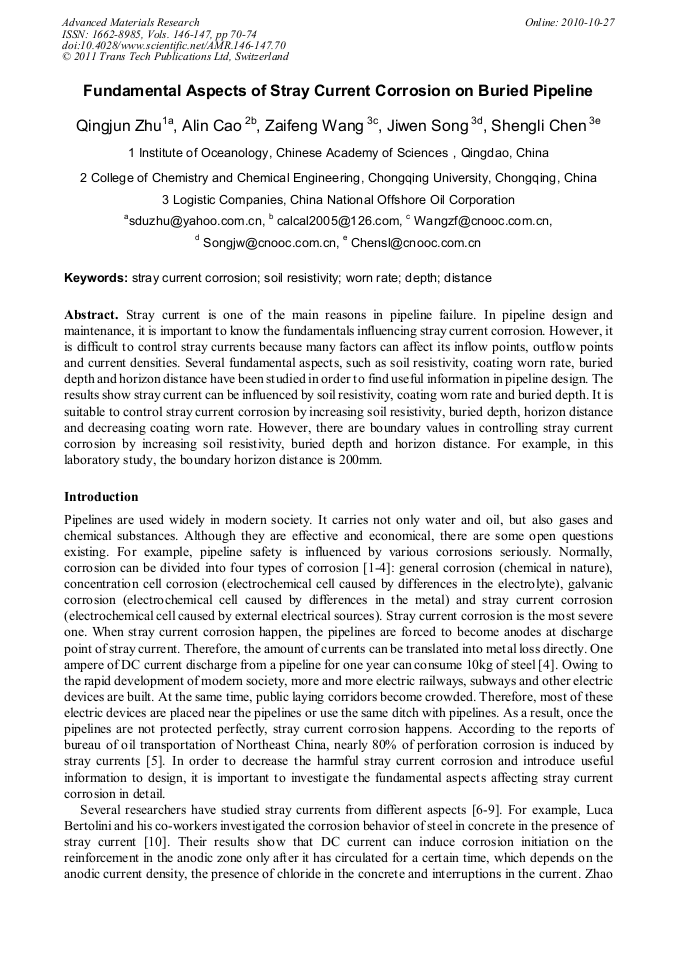Fundamental Aspects of Stray Current Corrosion on Buried Pipeline ...