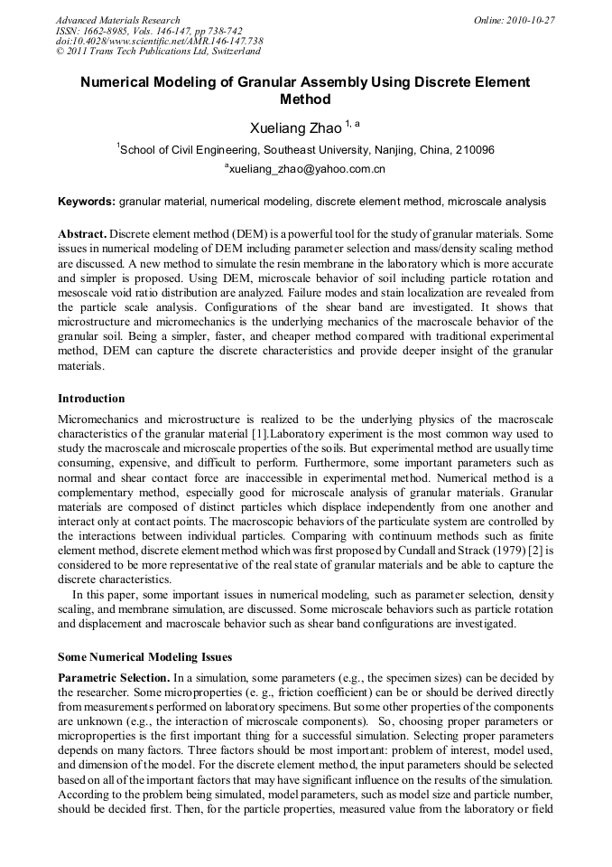 Numerical Modeling of Granular Assembly Using Discrete Element Method | Scientific.Net