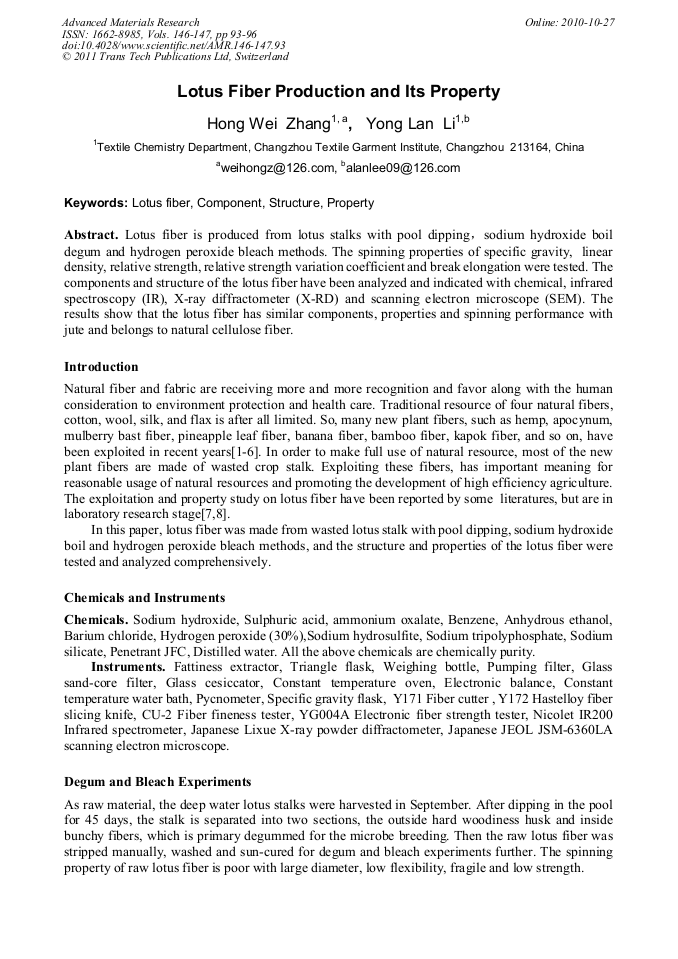 Lotus Fiber Production and its Property | Scientific.Net