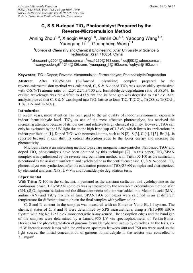 C, S & N-Doped TiO2 Photocatalyst Prepared by the Reverse-Microemulsion ...