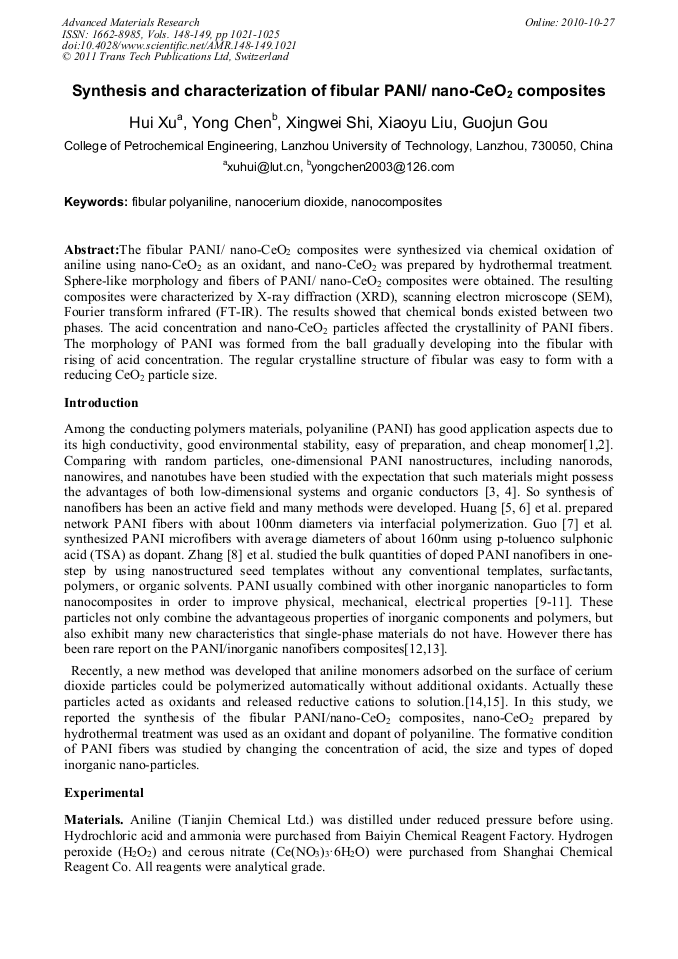 Synthesis and Characterization of Fibular PANI/Nano-CeO2 Composites ...