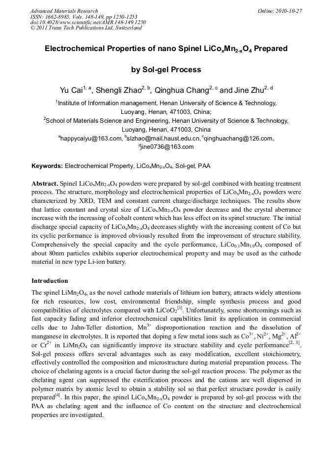 Electrochemical Properties of Nano Spinel LiCoXMn2-xO4 Prepared by Sol ...