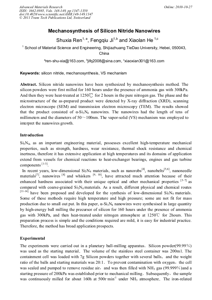 Mechanosynthesis of Silicon Nitride Nanowires | Scientific.Net