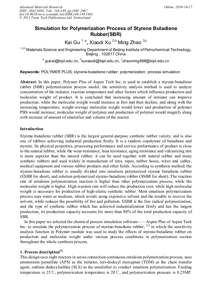 Simulation for Polymerization Process of Styrene Butadiene Rubber (SBR ...