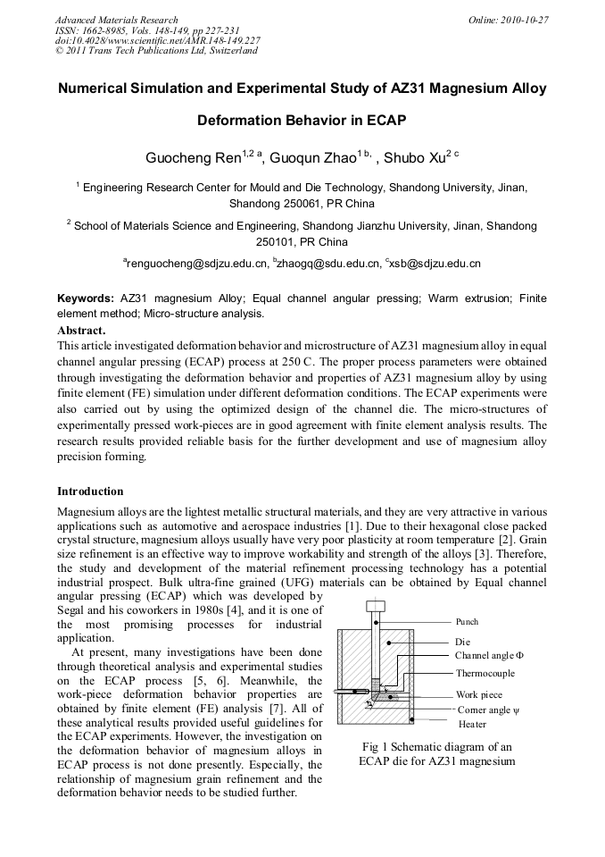 Numerical Simulation and Experimental Study of AZ31 Magnesium Alloy Deformation Behavior in ECAP ...