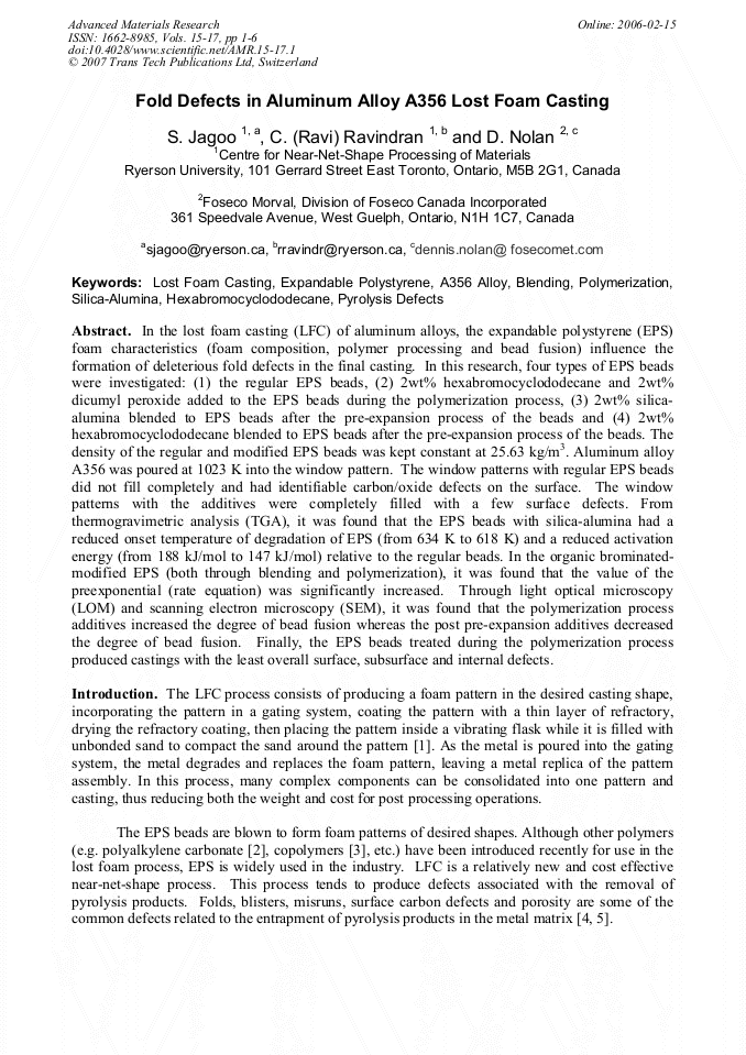 Fold Defects in Aluminum Alloy A356 Lost Foam Casting | Scientific.Net