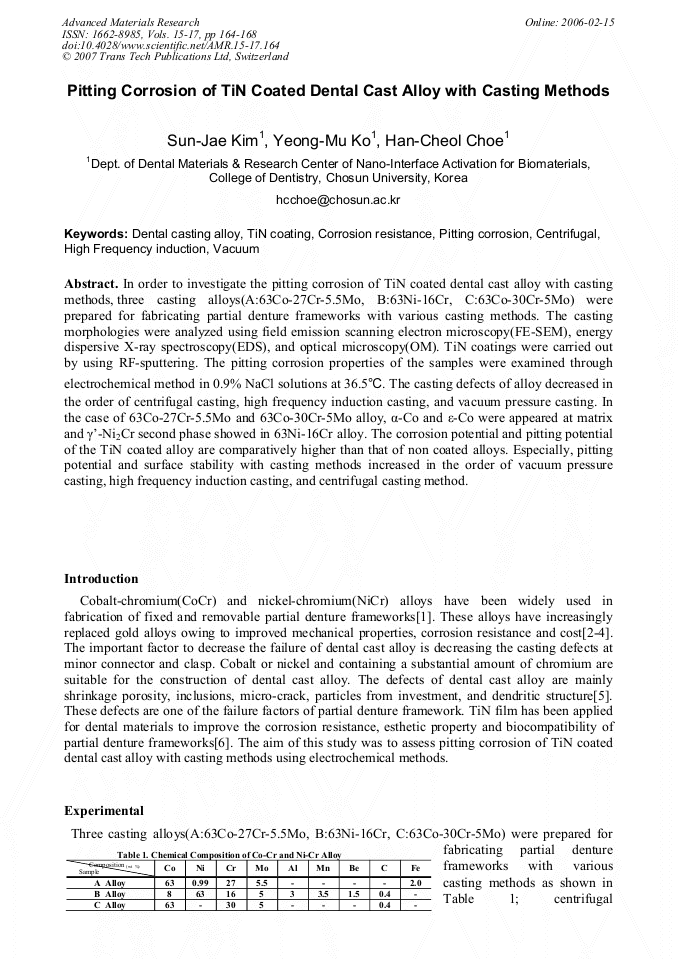 Pitting Corrosion of TiN Coated Dental Cast Alloy with Casting Methods ...
