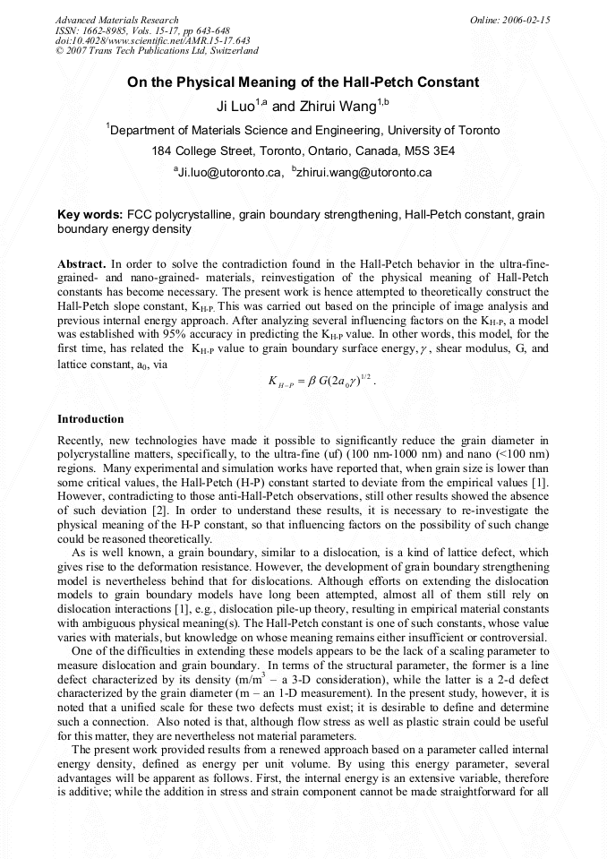 On the Physical Meaning of the Hall-Petch Constant | Scientific.Net