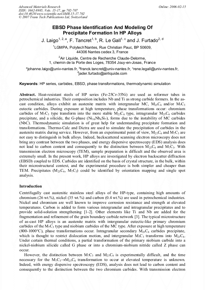 EBSD Phase Identification and Modeling of Precipitate Formation in HP ...