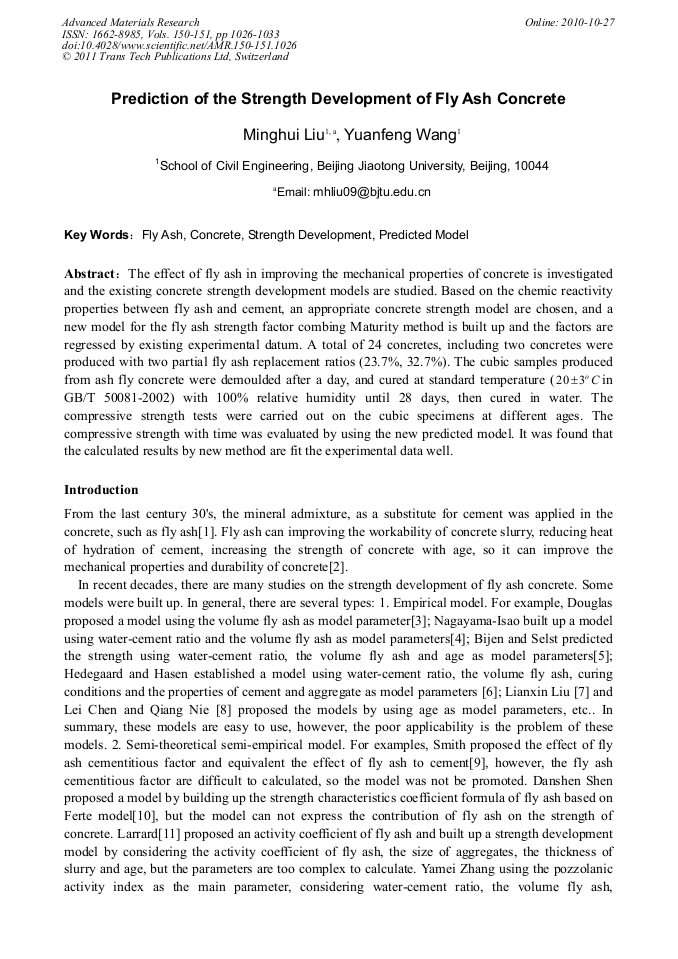 Prediction of the Strength Development of Fly Ash Concrete | Scientific.Net