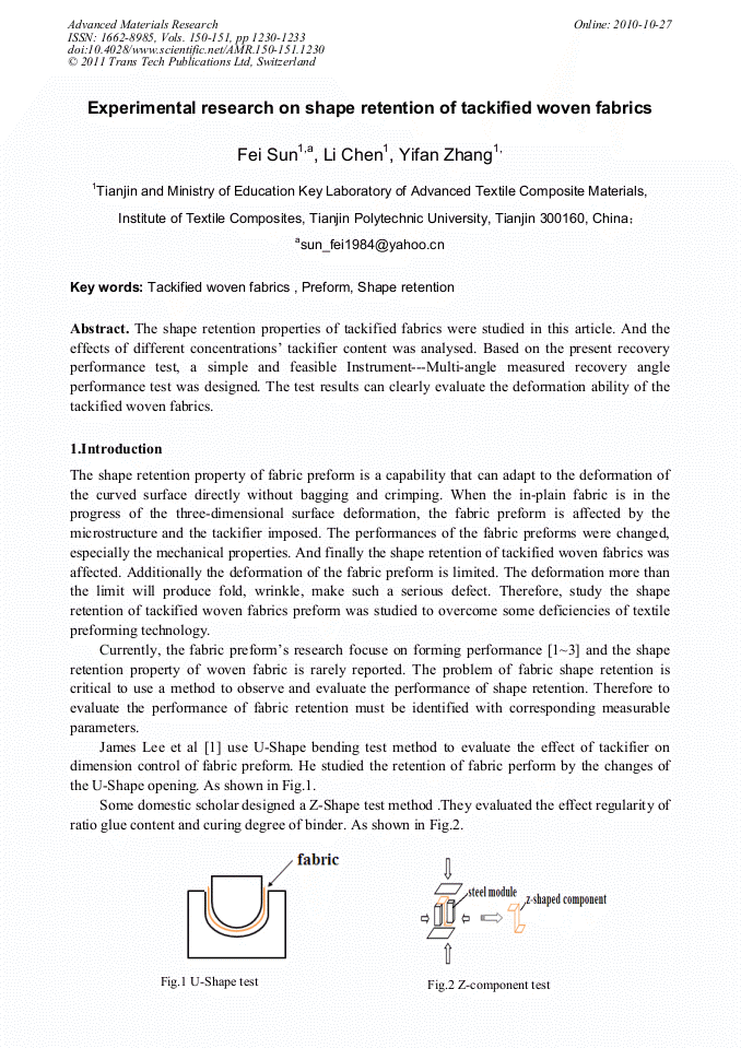 Experimental Research on Shape Retention of Tackified Woven Fabrics ...