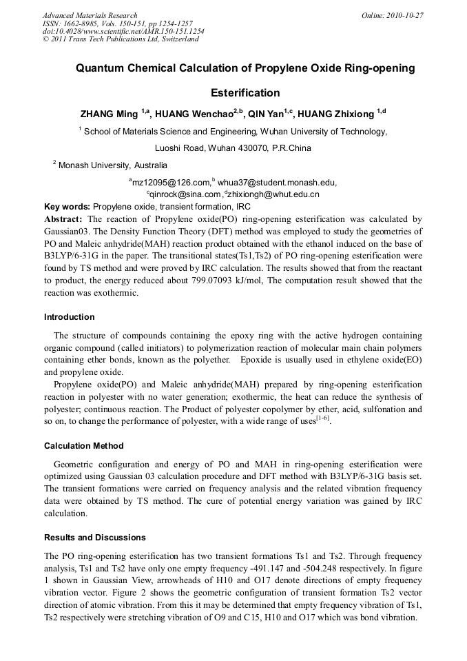 Quantum Chemical Calculation of Propylene Oxide Ring-Opening ...