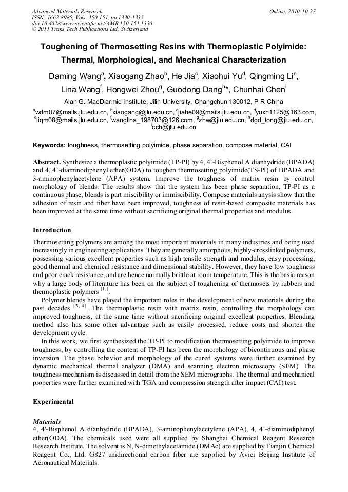 Toughening of Thermosetting Resins with Thermoplastic Polyimide ...