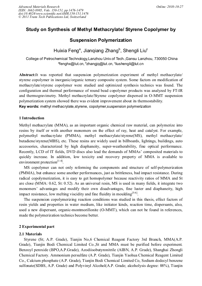 Study on Synthesis of Methyl Methacrylate/Styrene Copolymer by Suspension Polymerization ...