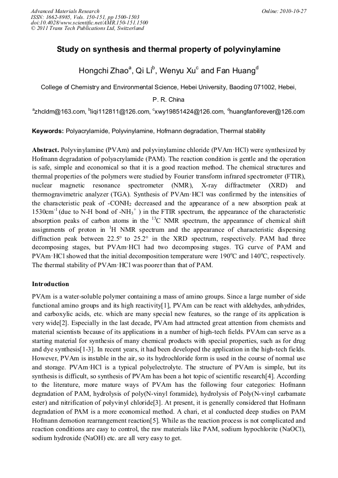 Study on Synthesis and Thermal Property of Polyvinylamine | Scientific.Net