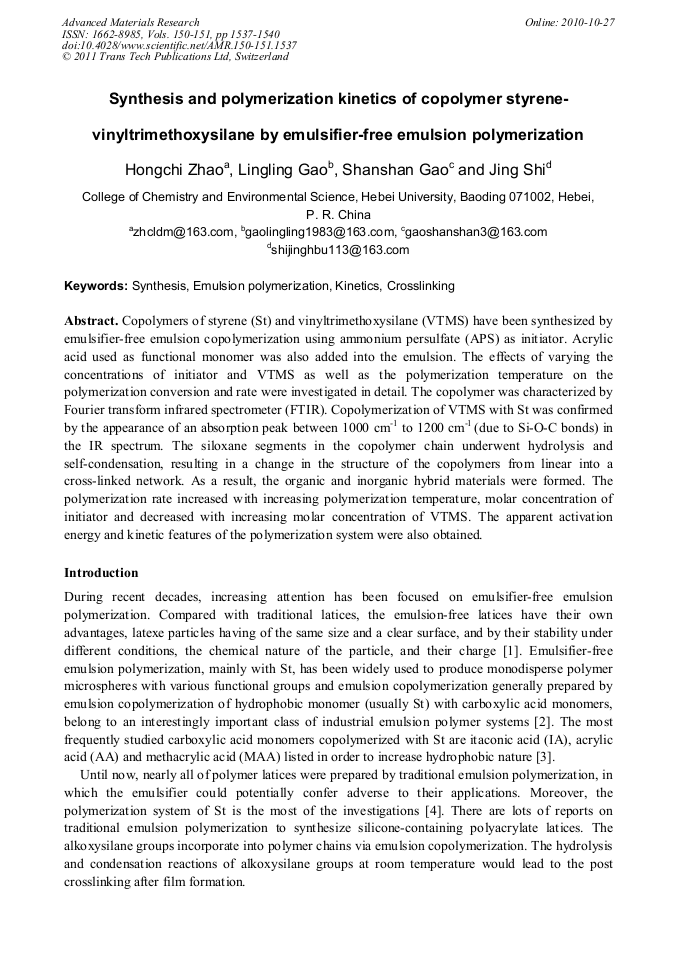 Synthesis and Polymerization Kinetics of Copolymer Styrene ...