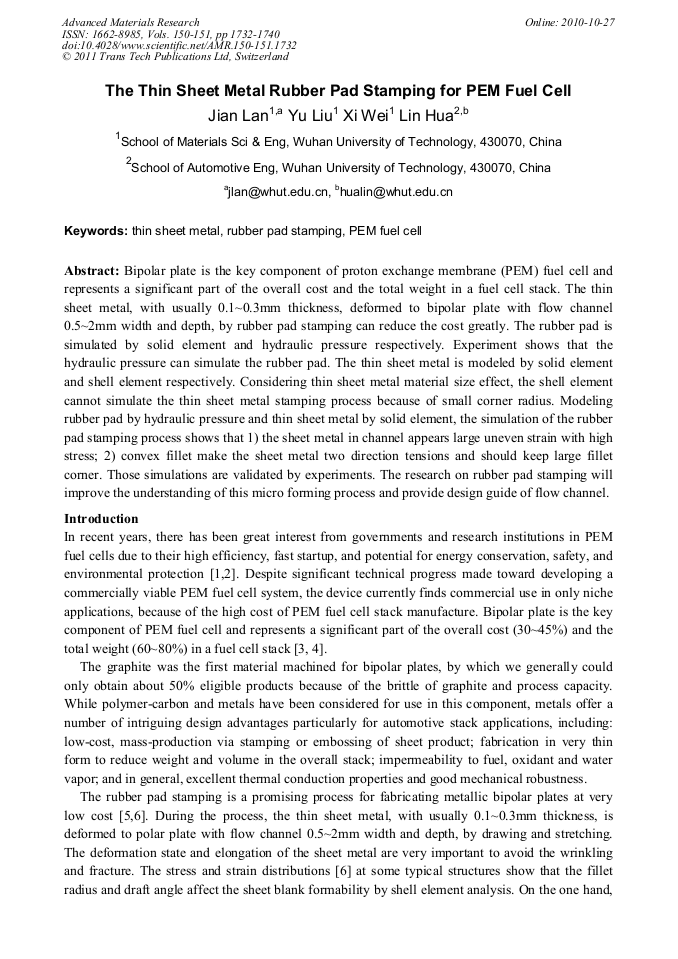 The Thin Sheet Metal Rubber Pad Stamping for PEM Fuel Cell | Scientific.Net