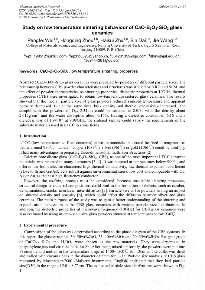 Study on Low Temperature Sintering Behaviour of CaO-B2O3-SiO2 Glass Ceramics | Scientific.Net