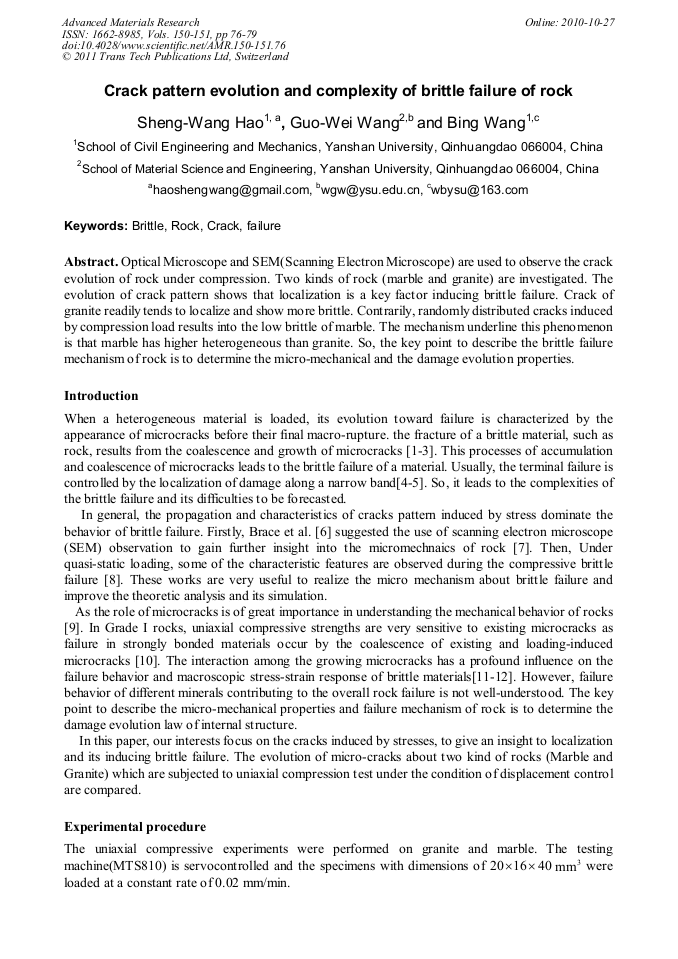 Crack Pattern Evolution and Complexity of Brittle Failure of Rock ...
