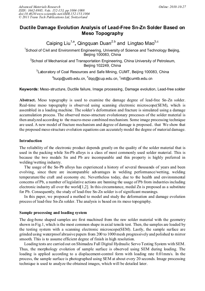 Ductile Damage Evolution Analysis of Lead-Free Sn-Zn Solder Based on ...