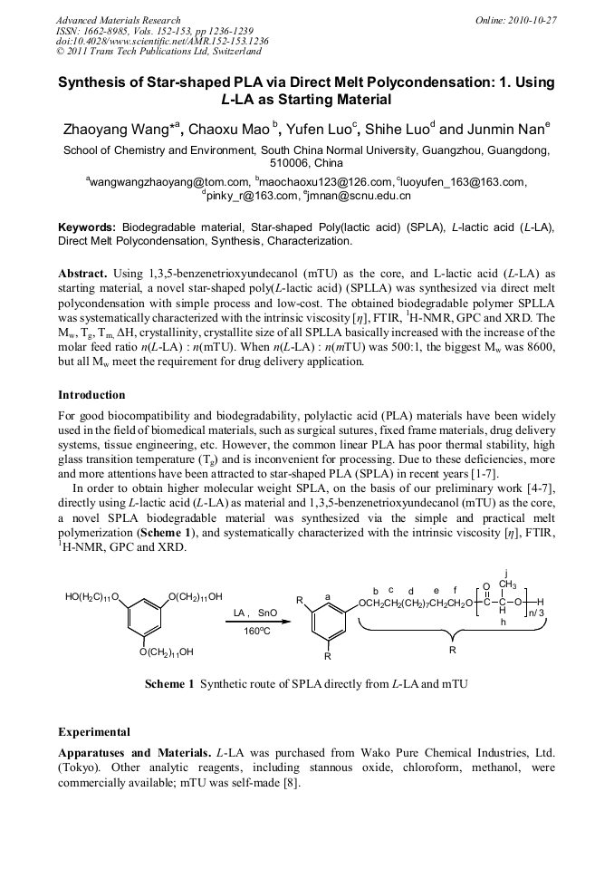 Synthesis of Star-Shaped PLA via Direct Melt Polycondensation: 1. Using ...