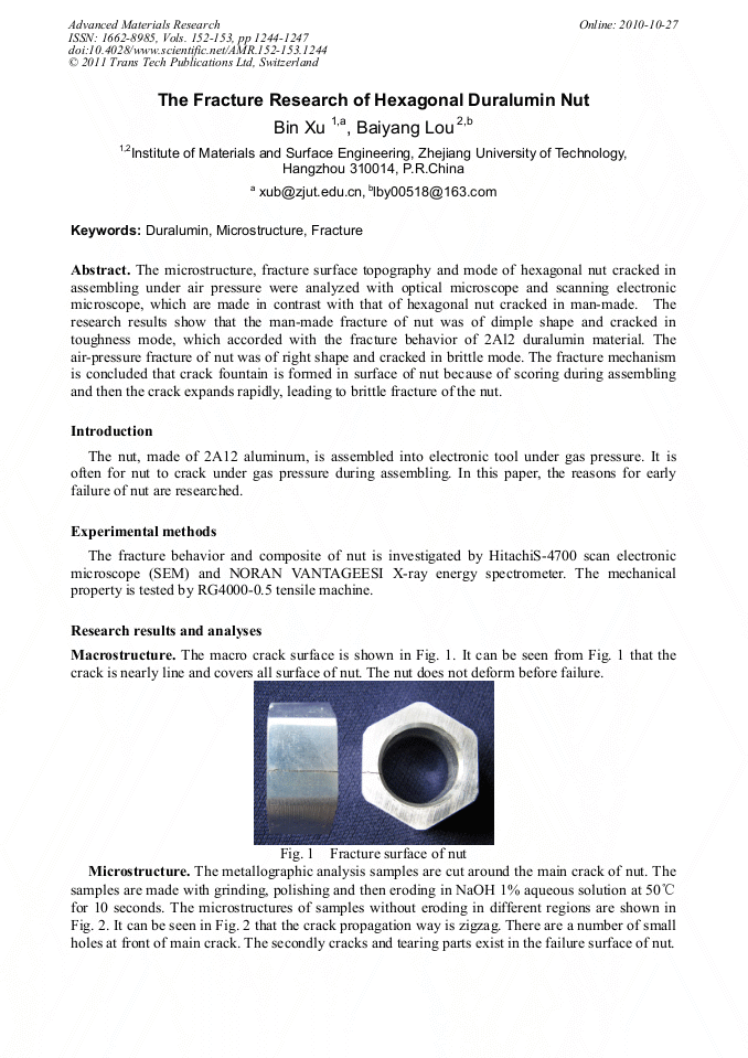 The Fracture Research of Hexagonal Duralumin Nut | Scientific.Net